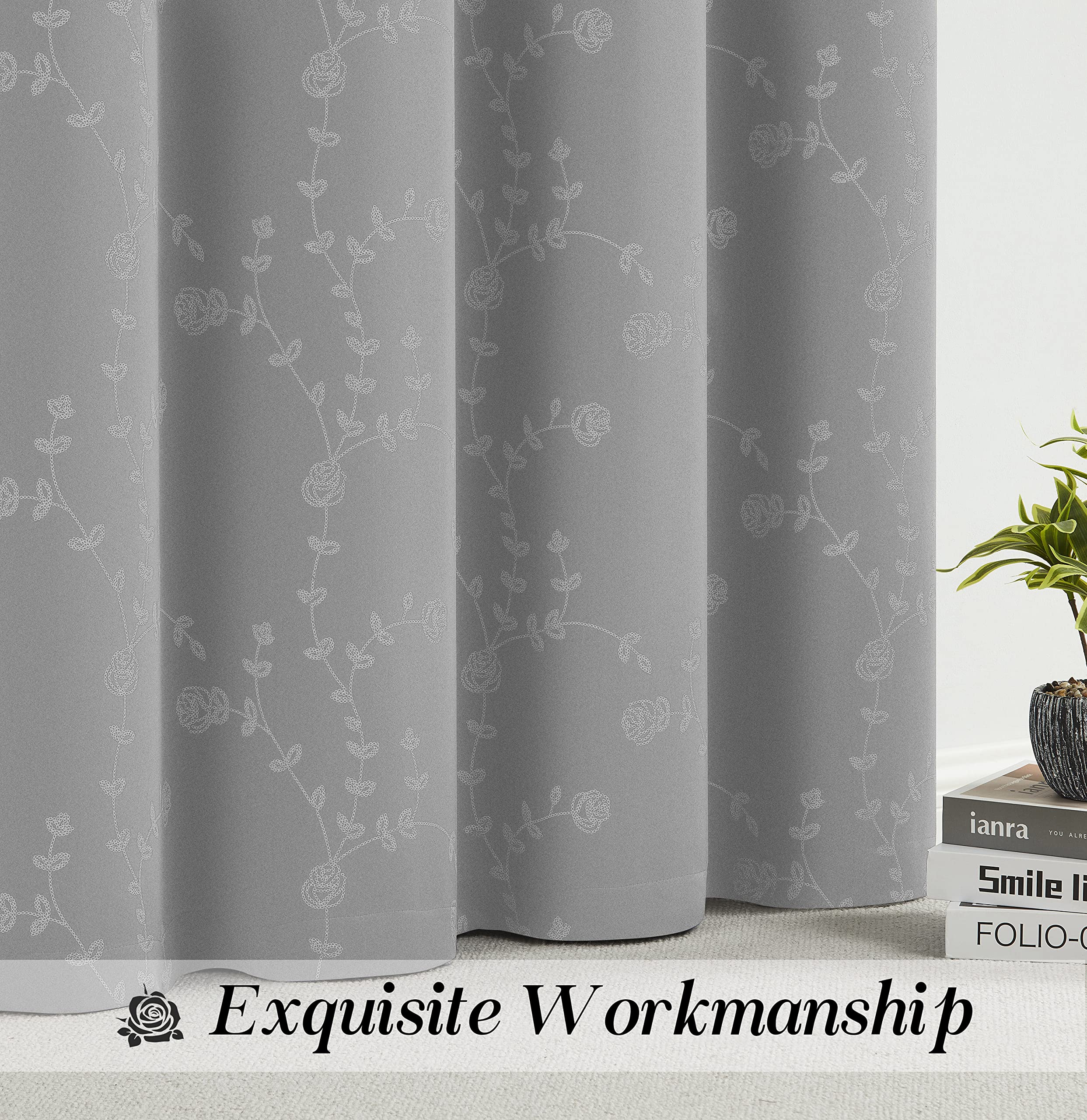 Fragrantex Grey Rose Blackout Curtains Set 84 Inch Length for Bedroom 2 Panels, Thermal Insulated Floral Print Patterned Decorative Room Darkening Living Room Drapes Grommet Top, 52" x 84"