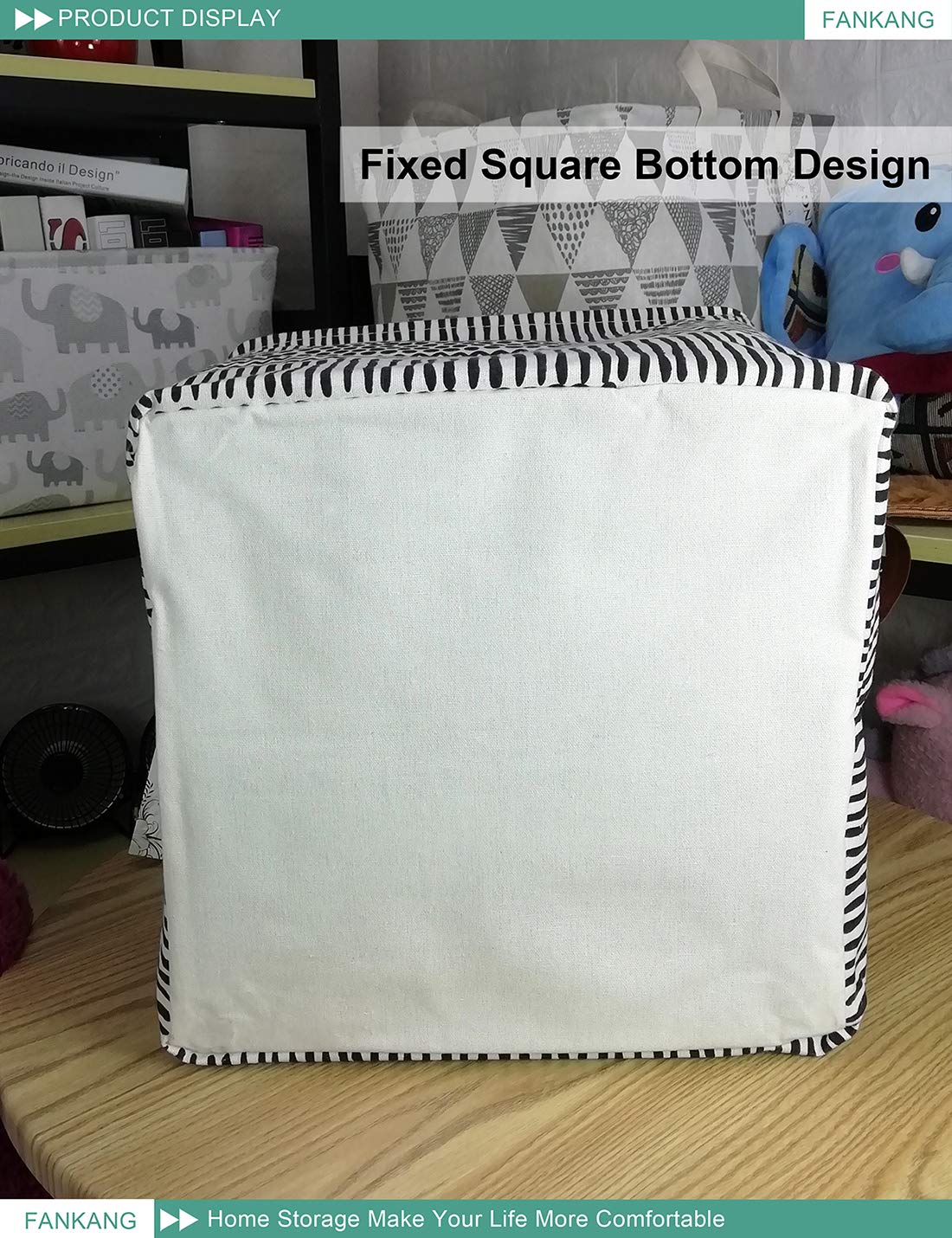FANKANG Square Nursery Hamper Storage Bins Canvas Laundry Basket Foldable with Waterproof PE Coating Storage Baskets Gift Baskets for Children, Office, Bedroom, Clothes(Square-Black Lines )