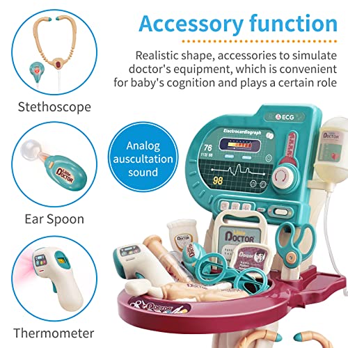 Deejoy Toy Doctor Kit for Kids , Pretend Medical Station Set for Boys & Girls,24 Accessories Mobile Cart with Lights, Eye Chart,, Thermometer, Stethoscope, Pulse Machine,Great Gift for Toddlers