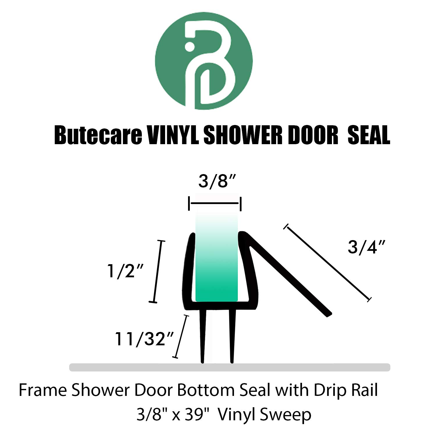 Butecare Premium Frameless Shower Door Bottom Seal Strip - Glass Door Side Seal Sweep (3/8β x 39β, Clear Vinyl)