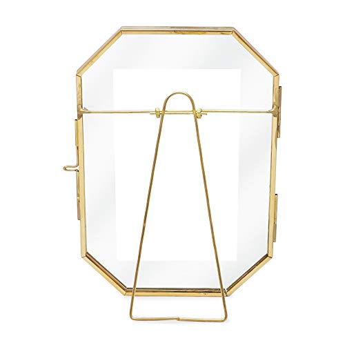 Isaac Jacobs 4x6 Vintage Style Octagon Brass & Glass, Metal Floating Picture Frame with Locket Closure (Vertical), Made for Tabletop Display, (Fits up to a cutout 4β x 6β - See images for other sizes)