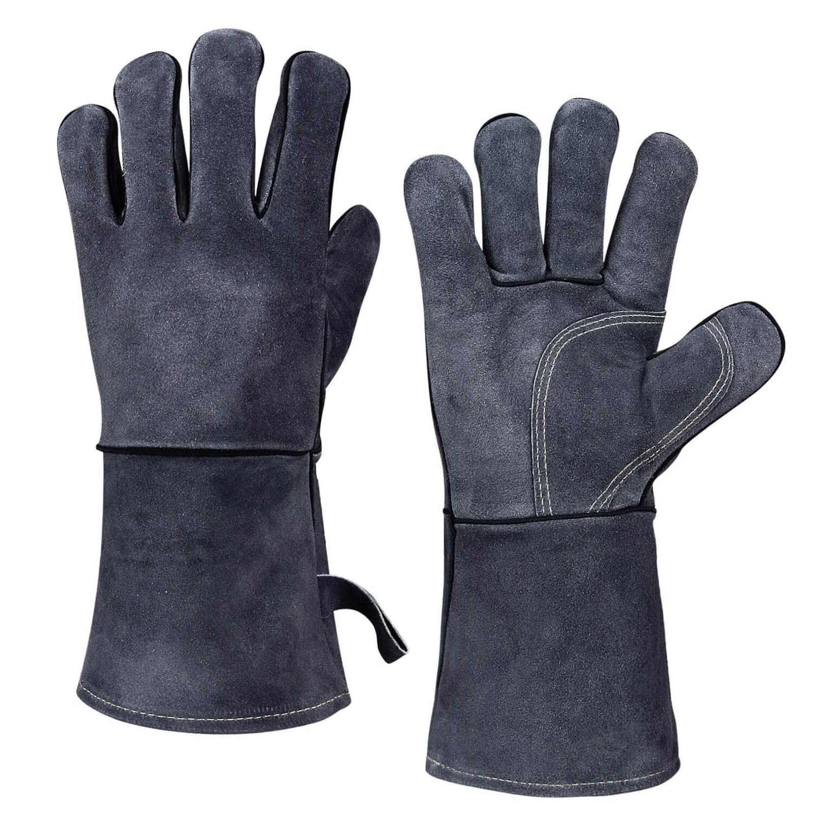 OZERO 932°F Heat Resistant Forge Welding Gloves 14 inches Cowhide Leather - Long Sleeve and Insulated Lining Grill Glove for Tig Welder/Mig/Barbecue/Stove Gray