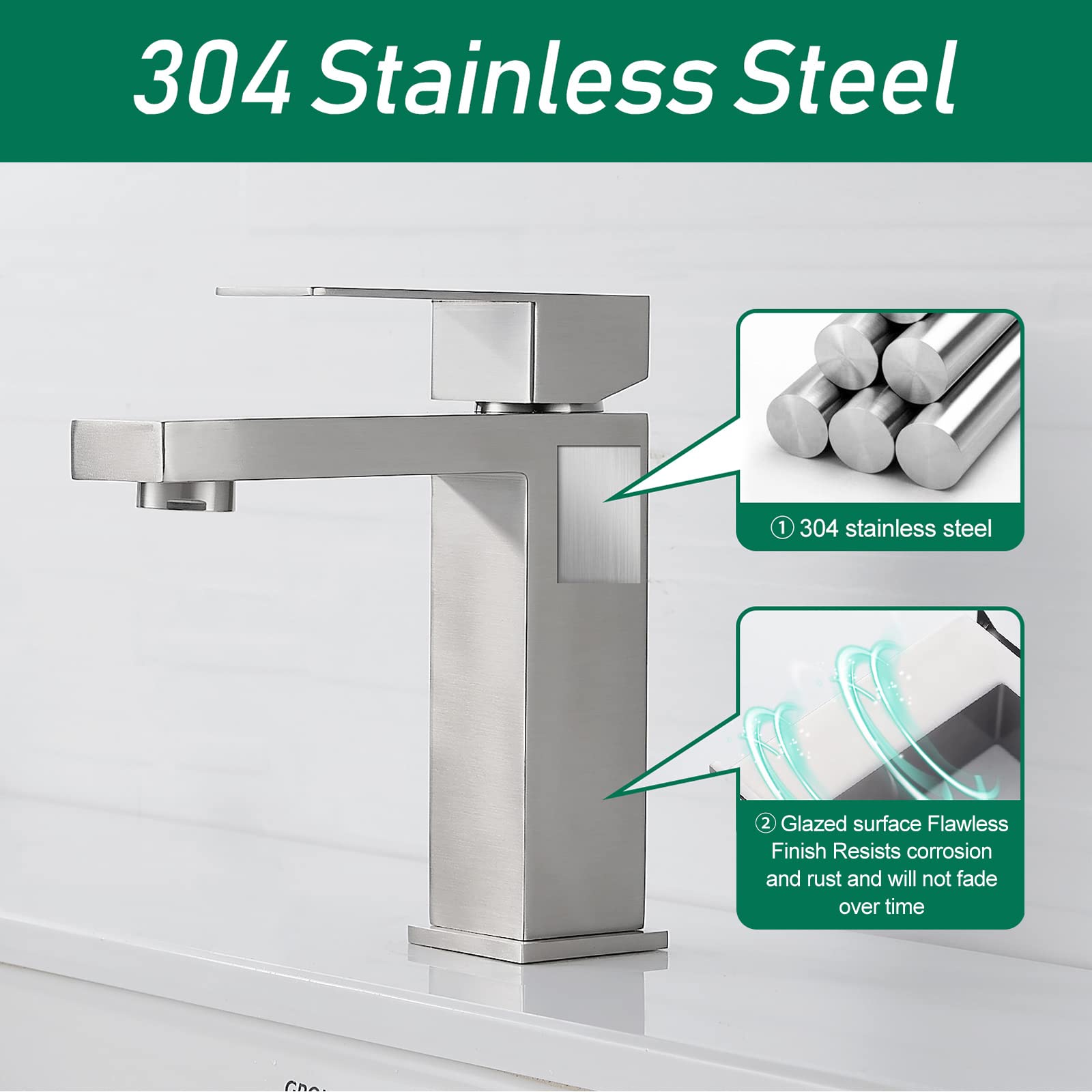 VOTON Brushed Nickel Bathroom Faucets Single Handle Modern Vanity Sink Faucet 1 Hole or 3 Hole with Deck Plate and Water Supply Hoses, Stainless Steel Bathroom Faucet Lead-Free