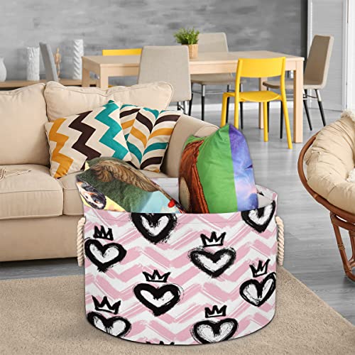 Hearts Crowns Pink Stripe Romantic Large Round Baskets for Storage Laundry Baskets with Handles Blanket Storage Basket for Bathroom Shelves Bins for Organizing Nursery Hamper Girl Boy