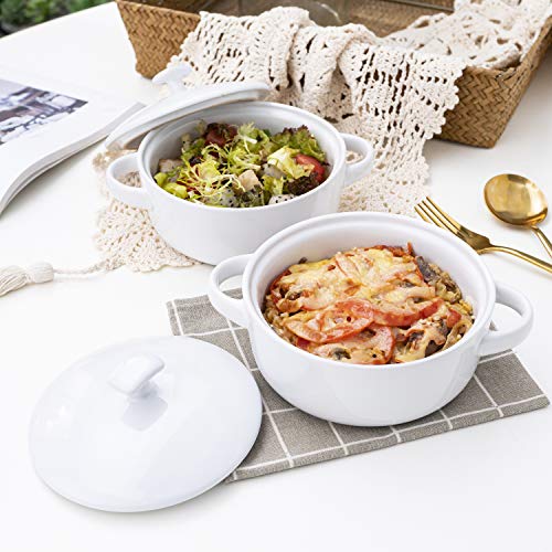 Bruntmor 20 Oz Round Soup Crock With Lid, Ceramic Serving White Soup Bowl With Large Loop Handle, White Ceramic bakeware with lid, French onion soup, Cereals, Oven and Dishwasher Safe- White