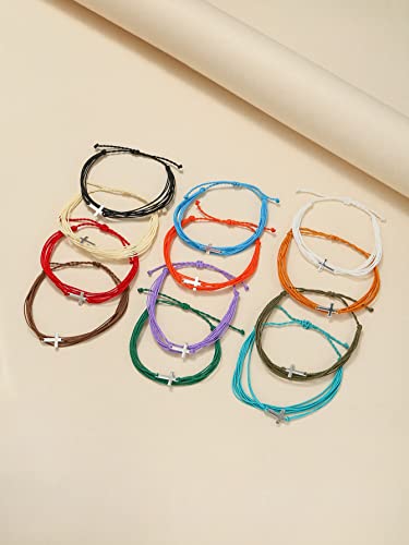 Handmade Cross Colorful Adjustable Braided String Bracelet Friendship Couple Tiny Sideways Cross Rope Bangle Lucky Protection Jewerly for Women Men Teens-set