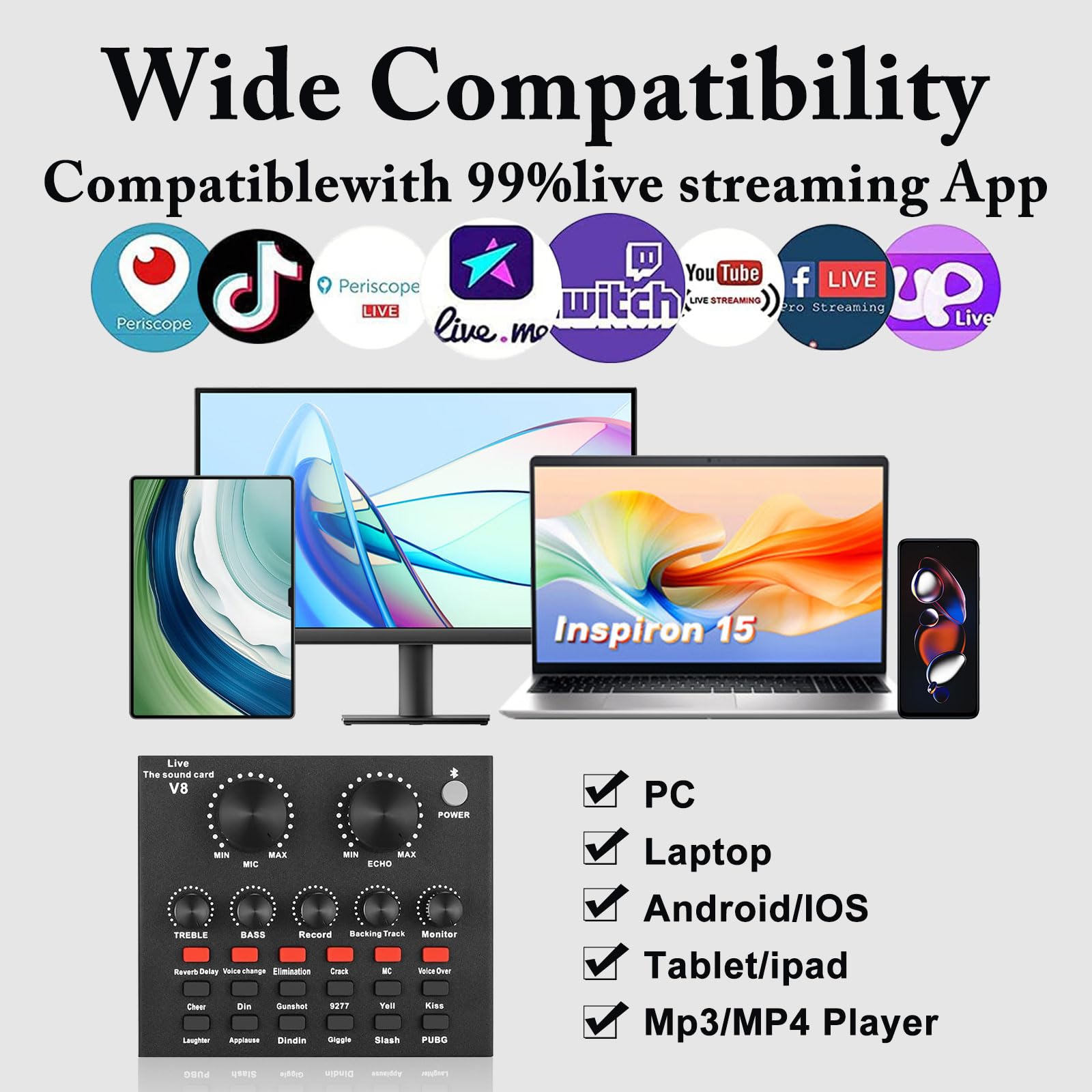 Podcast Equipment Bundle, Audio Interface with Voice Changer and BM800 Condenser Microphone, Recording Studio Package Perfect for Recording, Broadcasting, Live Streaming, YouTube, TikTok (BM800-V8B)