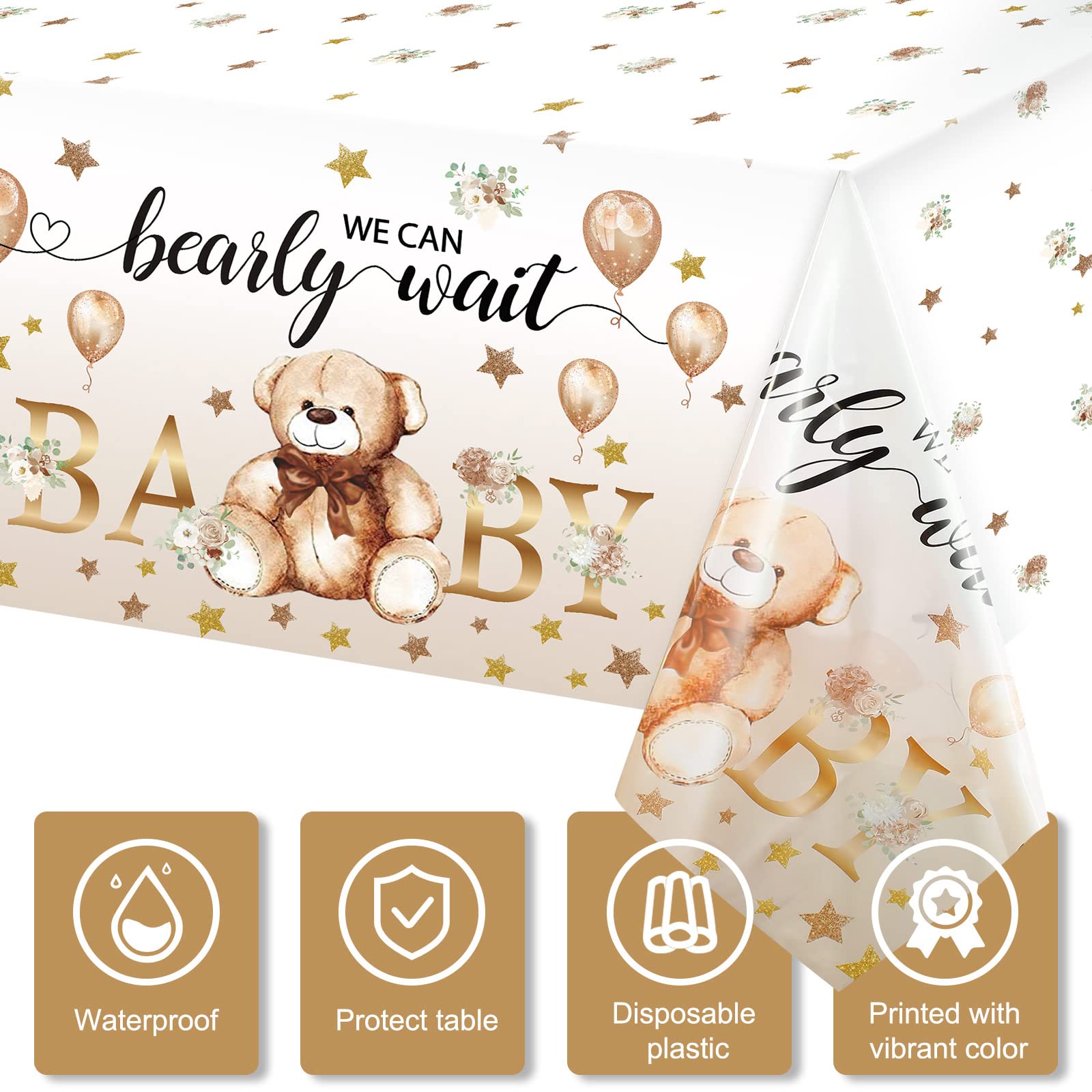 Capoda 3 Pcs Bear Baby Shower Tablecloths Bear Gender Reveal Table Covers Rectangle Plastic Bear Table Cloths for Bear Baby Shower Gender Reveal Party Decorations, 54 x 108 Inch, Brown