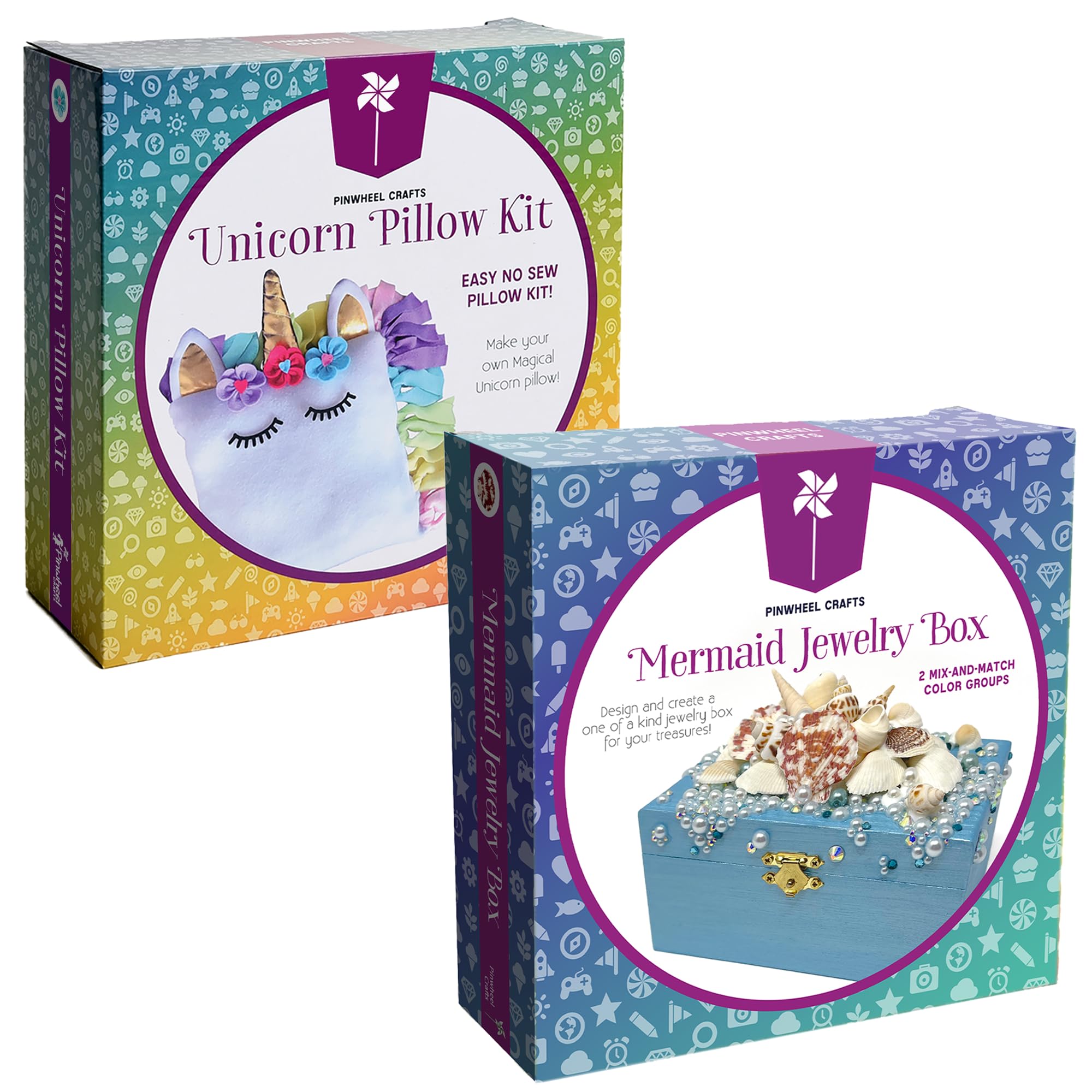 Unicorn Pillow Kit & Mermaid Jewelry Box Kit Bundle - Fun DIY Arts and Crafts Project for Kids Ages 6 7 8 9 10 11 12 - Great Gifts for All Occasions