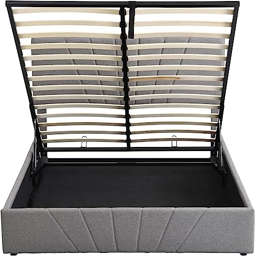 DNYN Queen Size Upholstered Platform Bed with Storage for Kids,Teen,Adults,Study Bedframe w/Wooden Slat Support,No Box Spring Needed & Easy Assembly, Gray