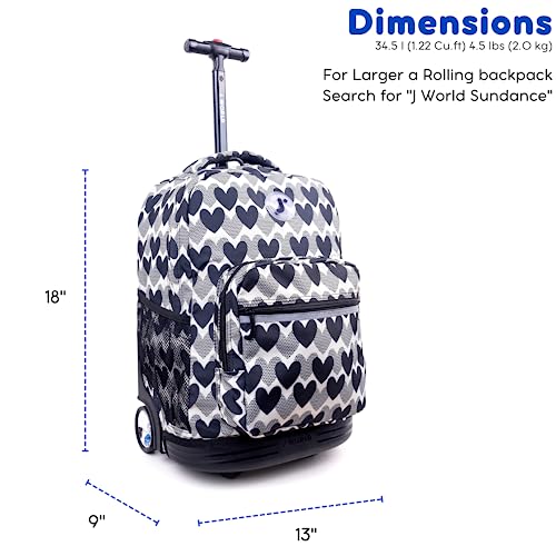 J World Sunrise Rolling Backpack. Roller Bag with Wheels, Heart Dot