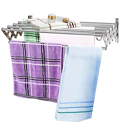 EAFTOS Wall Mount Clothes Drying Rack Retractable Airers Washing Line Indoor Folding Extendible Towel Shelf with Hooks Stainless Steel for Balcony Bathroom Terrace (Color : Silver, Size : 60x30cm)