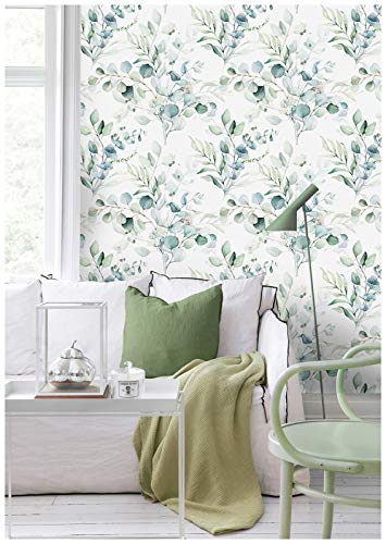 HAOKHOME 93042 Peel and Stick Wallpaper Green/White Eucalyptus Leaf Floral Wall Mural Home Nursery Boho Decor 17.7in x 9.8ft