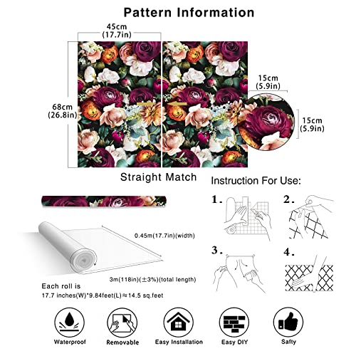 HAOKHOME 93277 Peel and Stick Floral Wallpaper Rose Daisy Removable Black/Pink/Purple Stick on Wild Mural 17.7in x 9.8ft