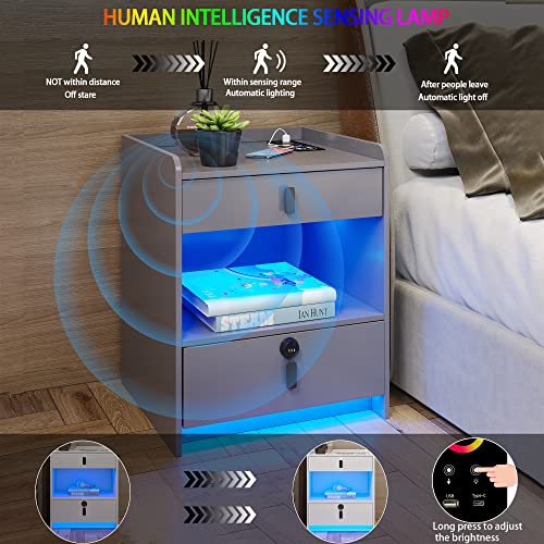 Dytler RGB Smart Nightstand, with Wireless Charging Station and USB Port, Modern Bedside Table, Bedroom LED Night Stand, 2 Drawers, Lockable, Home Office end Side Cabinet(Grey)