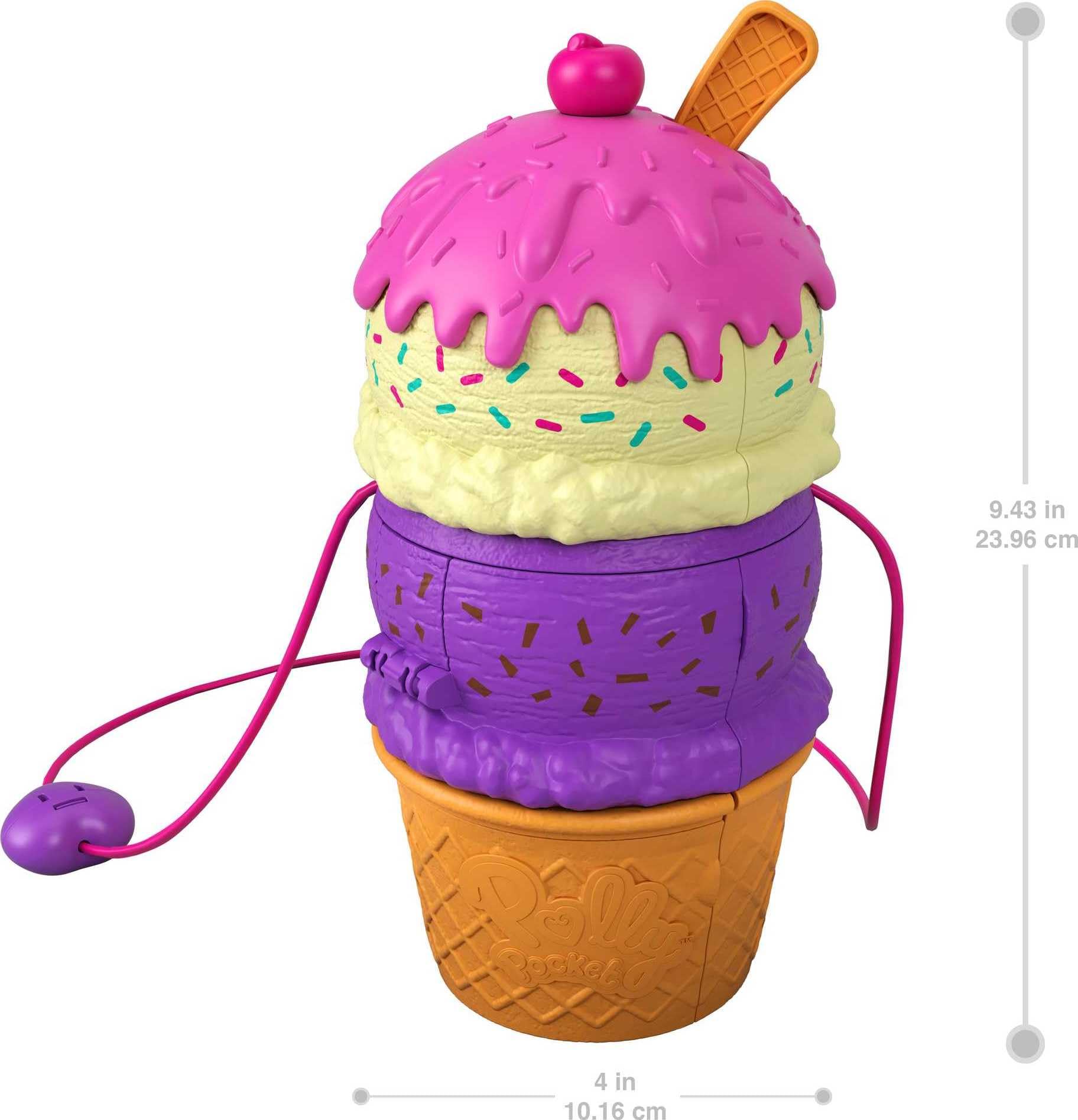 Polly Pocket 2-in-1 Travel Toy Playset, Spin 'N Surprise Ice Cream Cone with Micro Polly & Lila Dolls & 25 Accessories