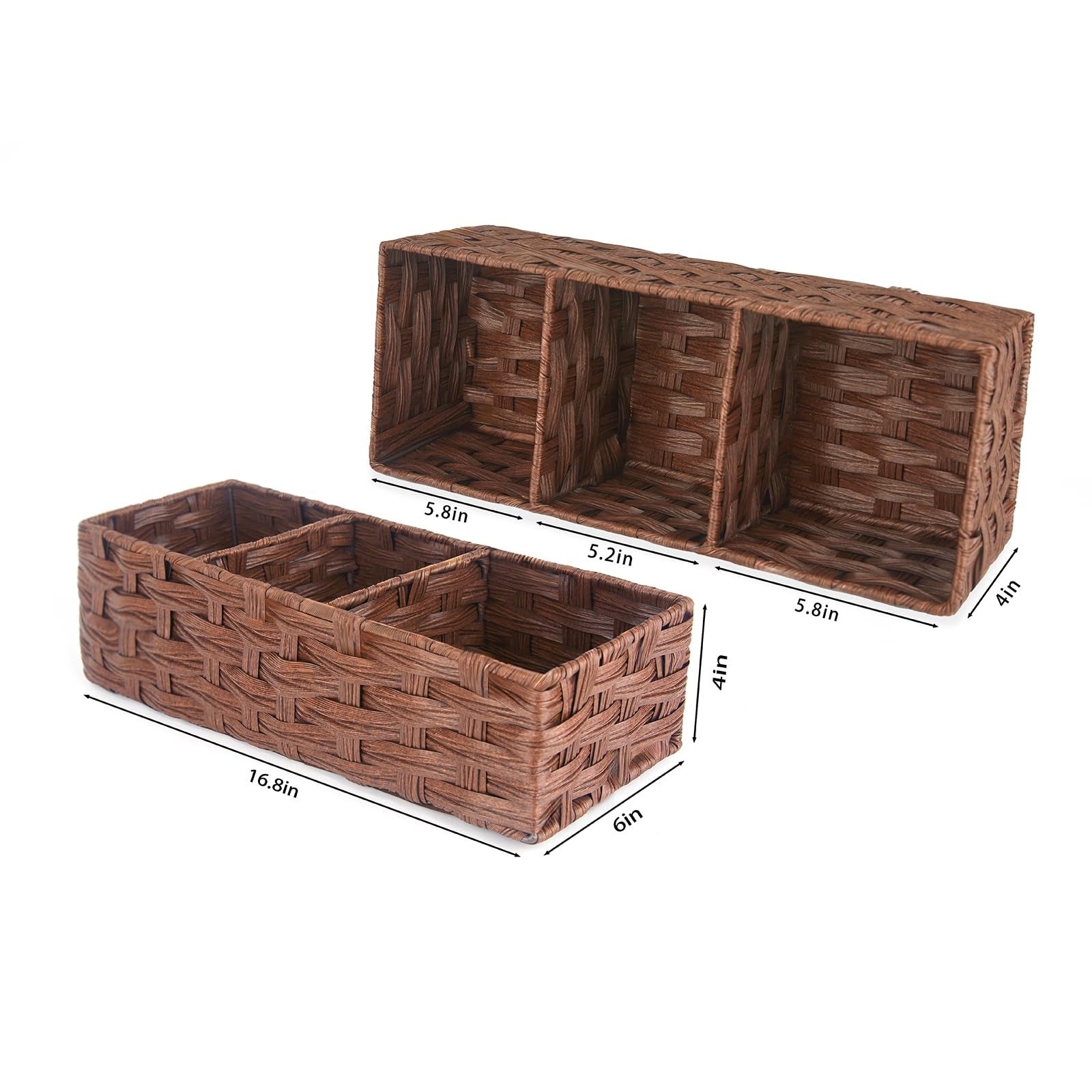 Buaihekefei Toilet Tank Topper Paper Basket ,Bathroom Organizers and Storage ,Waterproof Plastic Wicker Baskets for Organizing,Back of Toilet Basket with dividers,Brown, 2-Pack
