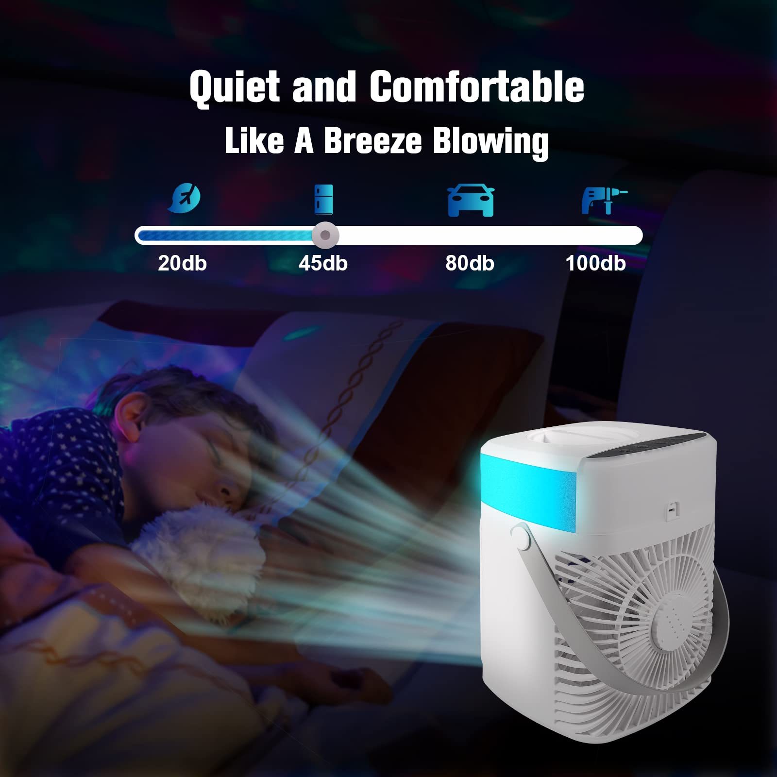 Portable Air Conditioner, Personal Evaporative Air Cooler, Strong Wind Air Fan with 3 Speeds & 3 Misting & LED Light & Aromatherapy Slot Small Desktop Cooling Humidifier Fan for Bedroom, USB Charging