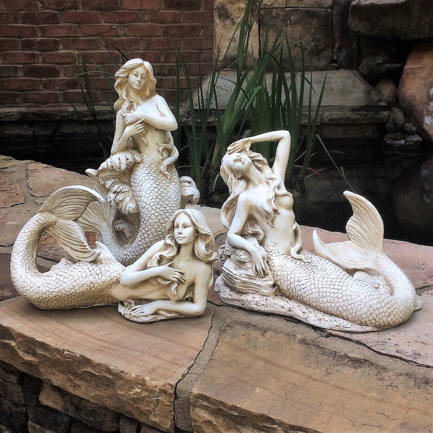 Life's A Beach 97035 Mermaid On Her Side with Table Top Base Antique White Finish Beach and Pool Figurine Statue
