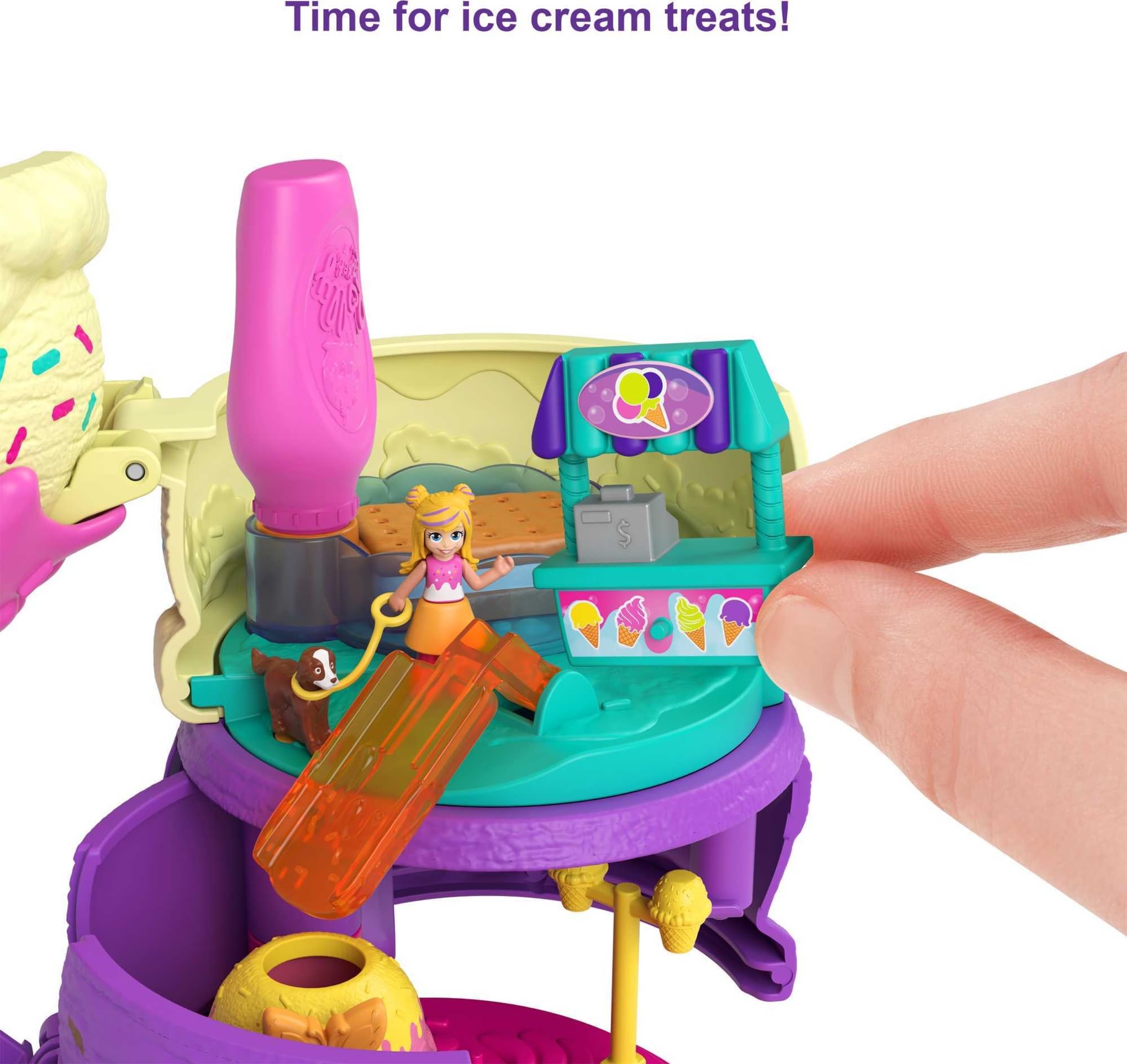 Polly Pocket Dolls and Accessories, Ice Cream Cone-Shaped Playground with 3 Floors and 2 Micro Dolls, Spin ‘n Surprise Compact