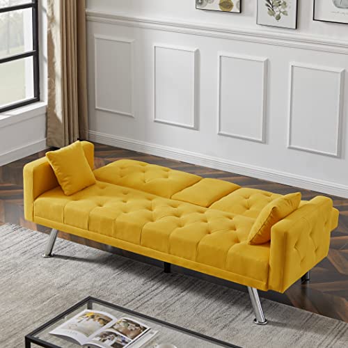Eafurn Linen Fabric Futon Bed, Button Tufted Folding Recliner Sleeper Reversible Loveseat Convertible Daybed with 2 Cup Holders,75.59" W Small Splitback Sofa & Couches for Living Room, C-Yellow