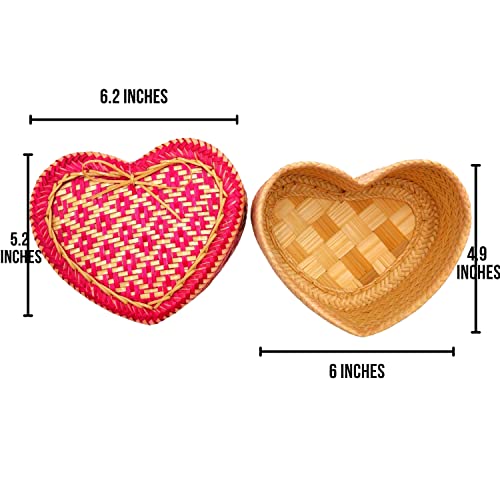 FOREVER 1 β Bamboo Sticky Rice Serving Basket 6.2 x 5.2 Inch, Kratip, Intricately Woven Container, Heart-Shaped, Elephant Weave Pattern, Bright Pink, Thailand Handmade, Dyed with Natural Based