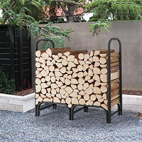 CALIDOLA 4ft Firewood Rack Heavy Duty Indoor Outdoor Firewood Storage Log Rack with Cover,Black Round Tube