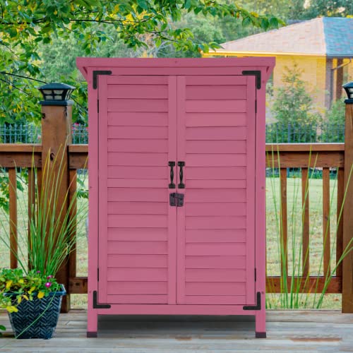MCombo Outdoor Wood Storage Cabinet, Small Size Garden Wooden Tool Shed with Double Doors, Outside Tools Cabinet for Backyard (24.6βx 18.3βx38.2β) 0985 (Pink)