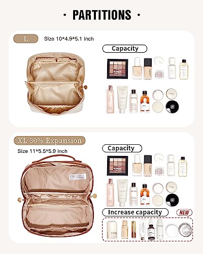 EACHY Travel Makeup Bag,Large Capacity Cosmetic Bags for Women,Waterproof Portable Pouch Open Flat Toiletry Bag Make up Organizer with Divider and Handle (Large-Brown, Large)