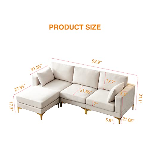 Eafurn Modular Sectional Reversible Chaise Lounge and Moveable Ottoman,Free Combination L Shaped Convertible, 3 Seat Upholstered Sofa & Couch for Living Room,Office, Beige