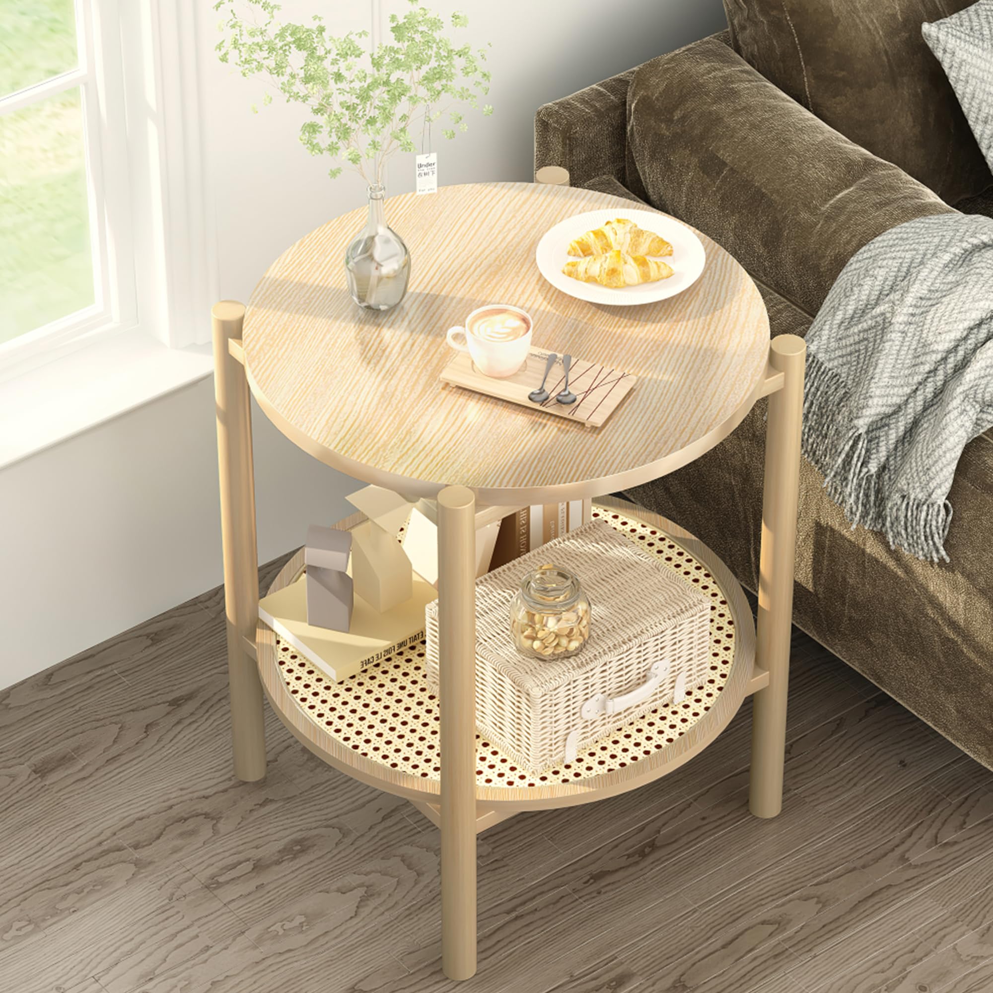 AWQM 2-Tier Round Side Table, Rattan End Table Nightstand with Solid Wood Feet,Boho Bedside Tables Accent Small Coffee Table for Bedroom, Living Room,Natural,1pcs