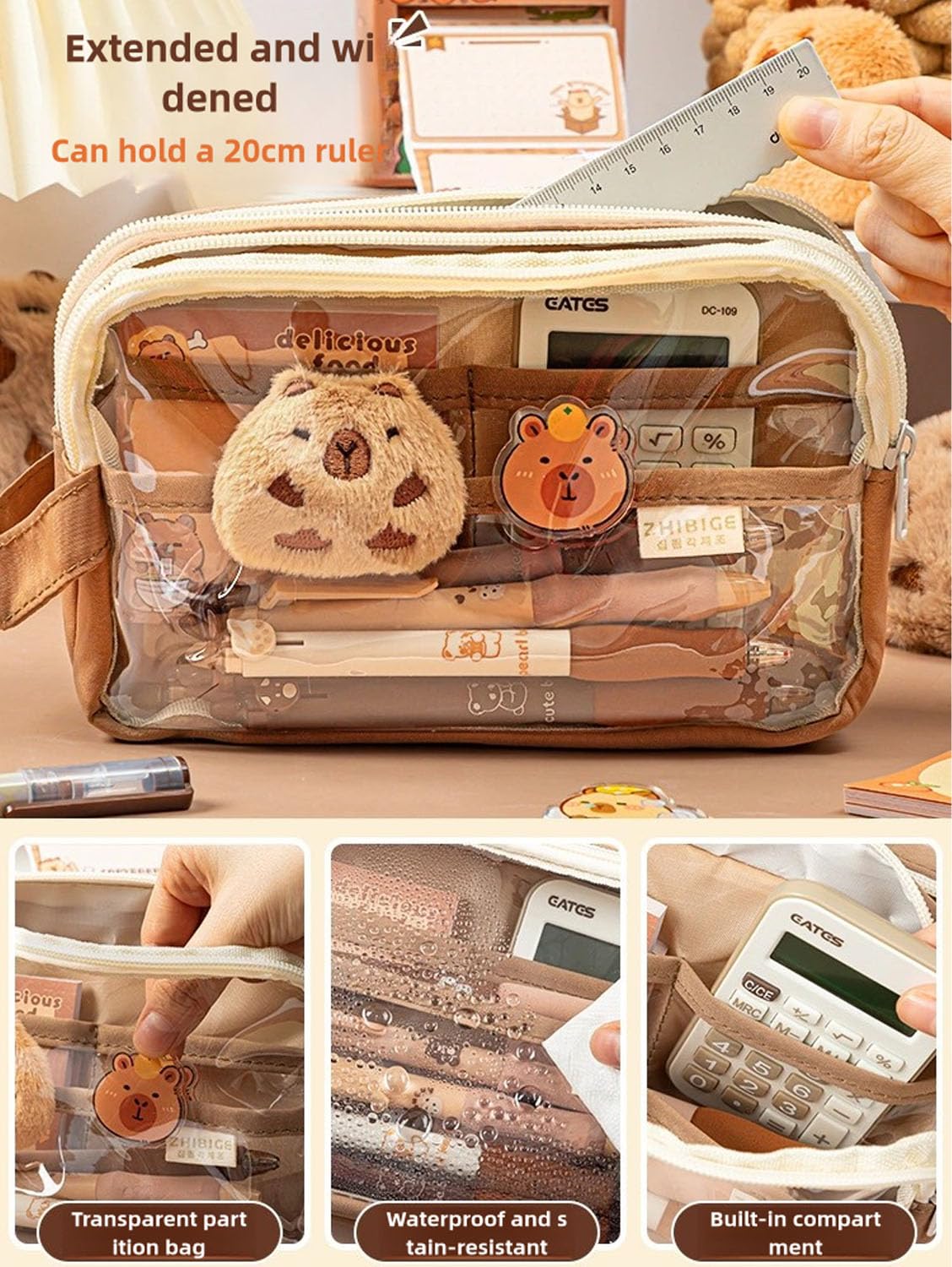 Capybara Pencil Case, Cute Msfym Pencil Pouch Lock Aesthetic Capybara, Kawaii Clear Capybara School Supplies with Compartments, Comes with Brooch, Stickers, Pendant, And Memo Pad (Brown)