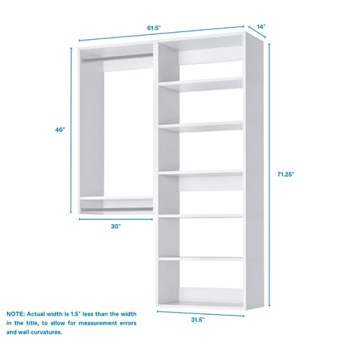 Closet Kit with Hanging Rods & Shelves - Corner Closet System - Closet Shelves - Closet Organizers and Storage Shelves (White, 63 inches Wide) Closet Shelving