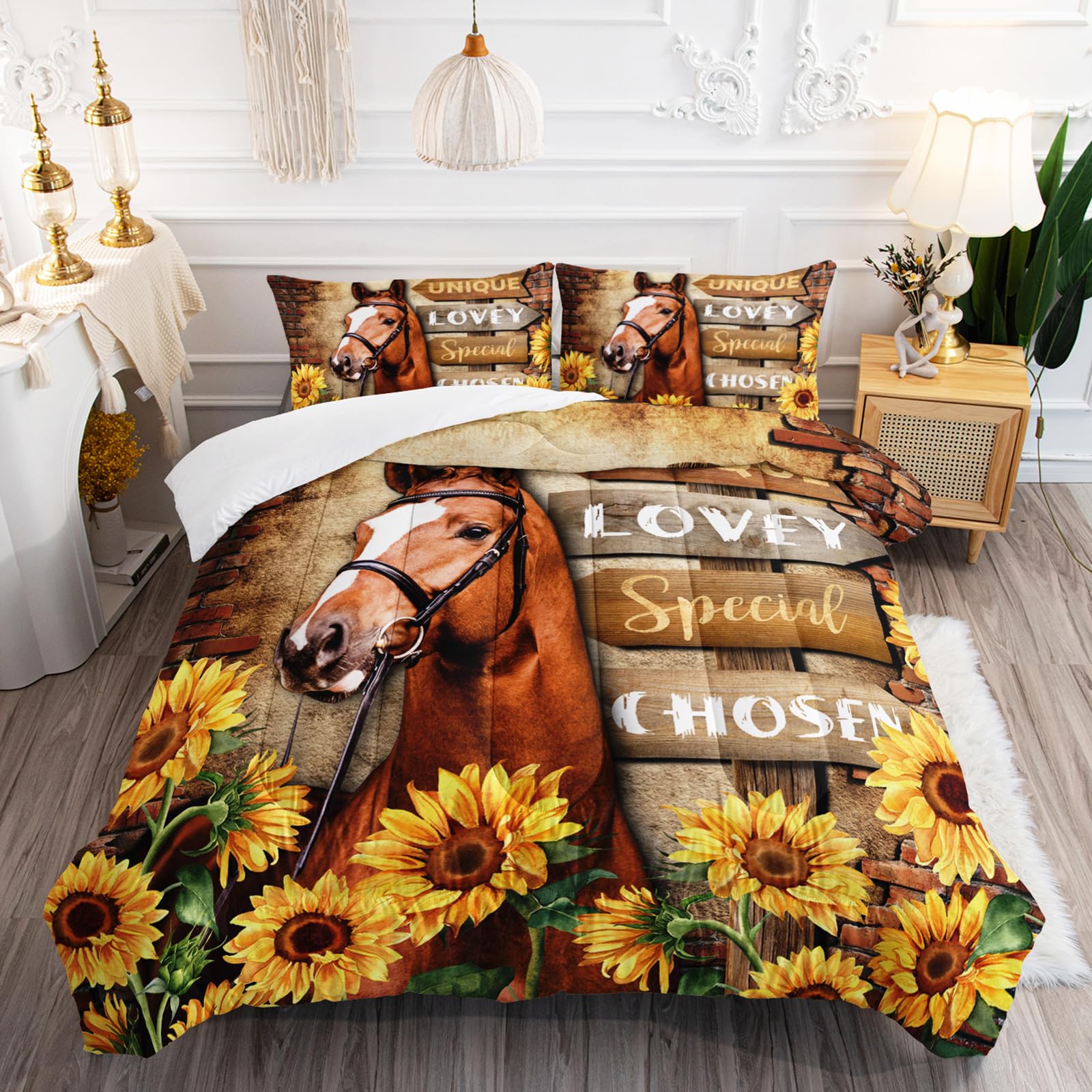 BSNTHO Horse Comforter Set Full Size,Peach Blossom 3 Piece Bedding Set,Girl Comforter with Pillow Shames, for All Seasons, Ultra-Soft, Lightweight, Breathable
