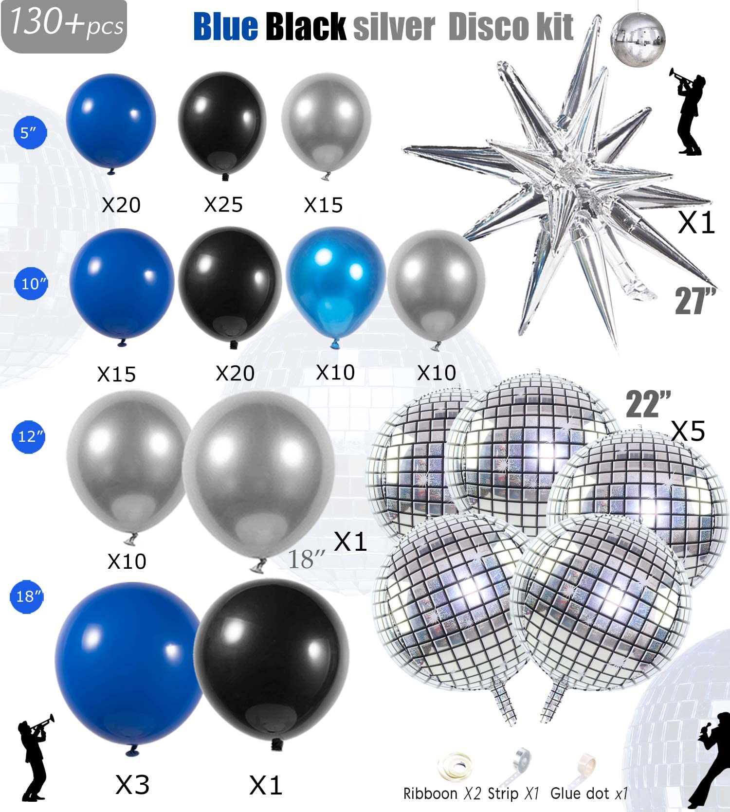 Blue and Black Silver Balloon garland kit 140pcs Royal blue and silver starburst Disco ball balloons for men 30th Birthday Party graduation 80s 90s Disco theme Decorations