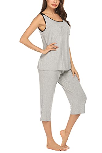 Ekouaer Women's Sleepwear Bamboo Jersey Sleeveless Top and Capri Pleated Loungewear O Neck Pajama Set Grey L