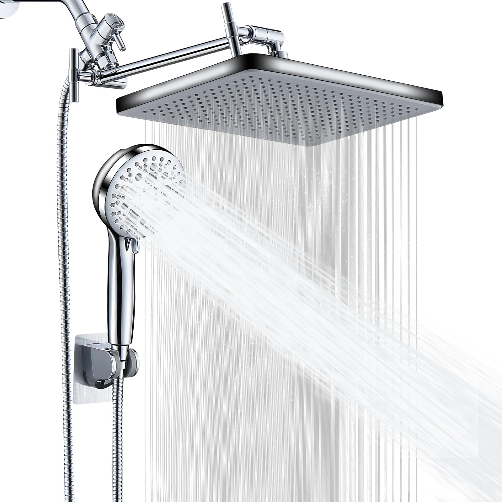 BSTKEECL 14”High Pressure Rain Shower Heads with Handheld Spray with Long Hoes Combo Rainfall Showerhead with 9Shower Water Sprayer Modes & Adjustable Extension Arm CP