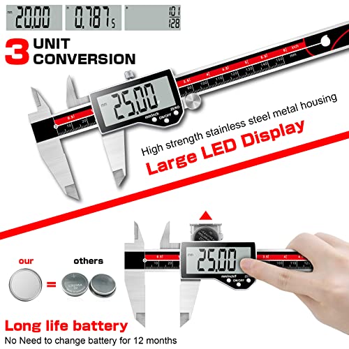 Caliper Measuring Tool, Qfun 6 Inch Electronic Digital Caliper with Stainless Steel and Extra-Large Display, IP54 Waterproof Vernier Calipers for Engineer Carpenter