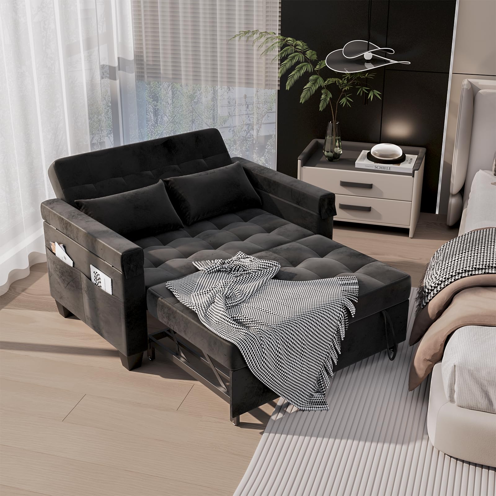 Buenhomino 86.6″ Modern Sofa Couch, Loveseat Linen Fabric Sofa, Comfy Couches Deep Seat Sofa with USB Charging Ports, Phone Cup Holder & Side Storage Pockets for Living Room Apartment, Beige