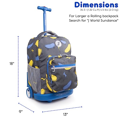 J World New York Sunrise Kids Rolling Backpack for Girls Boys Teen. Roller Bookbag with Wheels, Lightboard, 18"