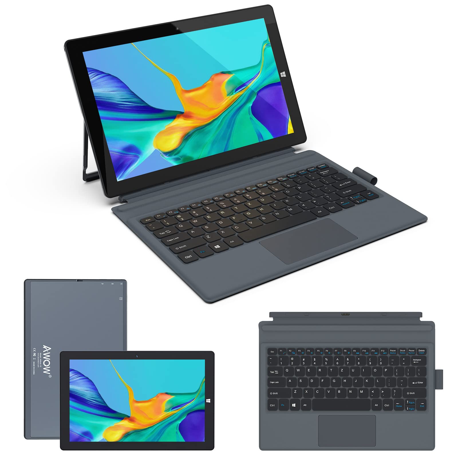 AWOW Detachable 2 in 1 Laptop Touchscreen Windows 11, 8GB RAM 256GB SSD, 10.1" Tablet with Keyboard, Intel Celeron N4120 2.6GHz, 2.4G+5G WiFi, Bluetooth, USB3.0, HDMI, Dual Camera