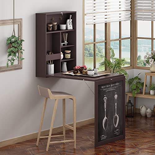 JAXPETY Wall Mounted Space-Saving Desk, Fold Out Computer Laptop Desk with Storage Bookcase & Chalkboard, Convertible Writing Desk for Home Office, Brown