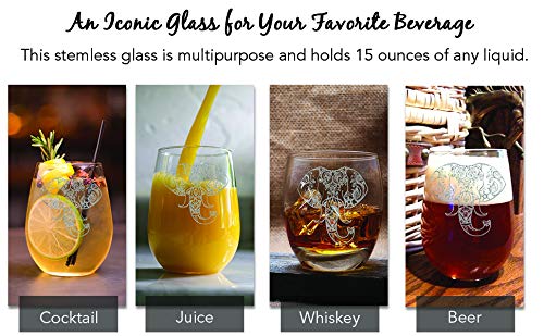 C & M Personal Gifts Elephant Stemless Wine Glass 17 Ounces, Laser Engraved, Crystal, Lead-free