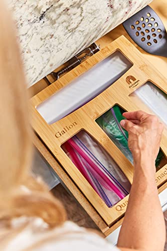 Jaza Goods | Ziplock Bag Storage Organizer and Dispenser for Kitchen Drawer | Wall Mountable | Compatible with Gallon, Quart, Sandwich & Snack Size Bags