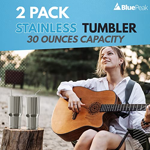 BluePeak Double Wall Vacuum Stainless Steel Insulated Tumblers Set, 2-Pack - Includes 2 Sipping Lids, 2 Spill-Proof Sliding Lids, 2 Straws, 1 Cleaning Brush & Gift Box (30 oz, Silver)