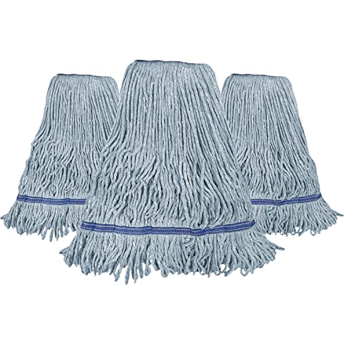 Buena Goods Heavy Duty Blue Commercial Mop Head Replacement. Looped End Synthetic Cotton Blend Mop Refill. Industrial Grade Reusable Washable Wet Mop Heads. Durable Wide Universal Headband. 3 Pack