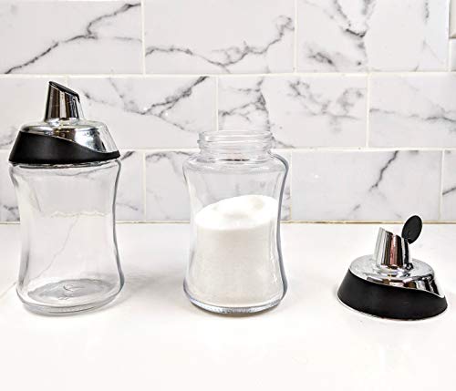 J&M Design Sugar Dispenser Shaker w/Pour Spout For Coffee Bar Accessories, Tea Organizer Station Essentials, Coffee Gifts & Kitchen Baking w/Easy Spoon Pouring Lid - 7.5oz Glass Jar Container Bowl