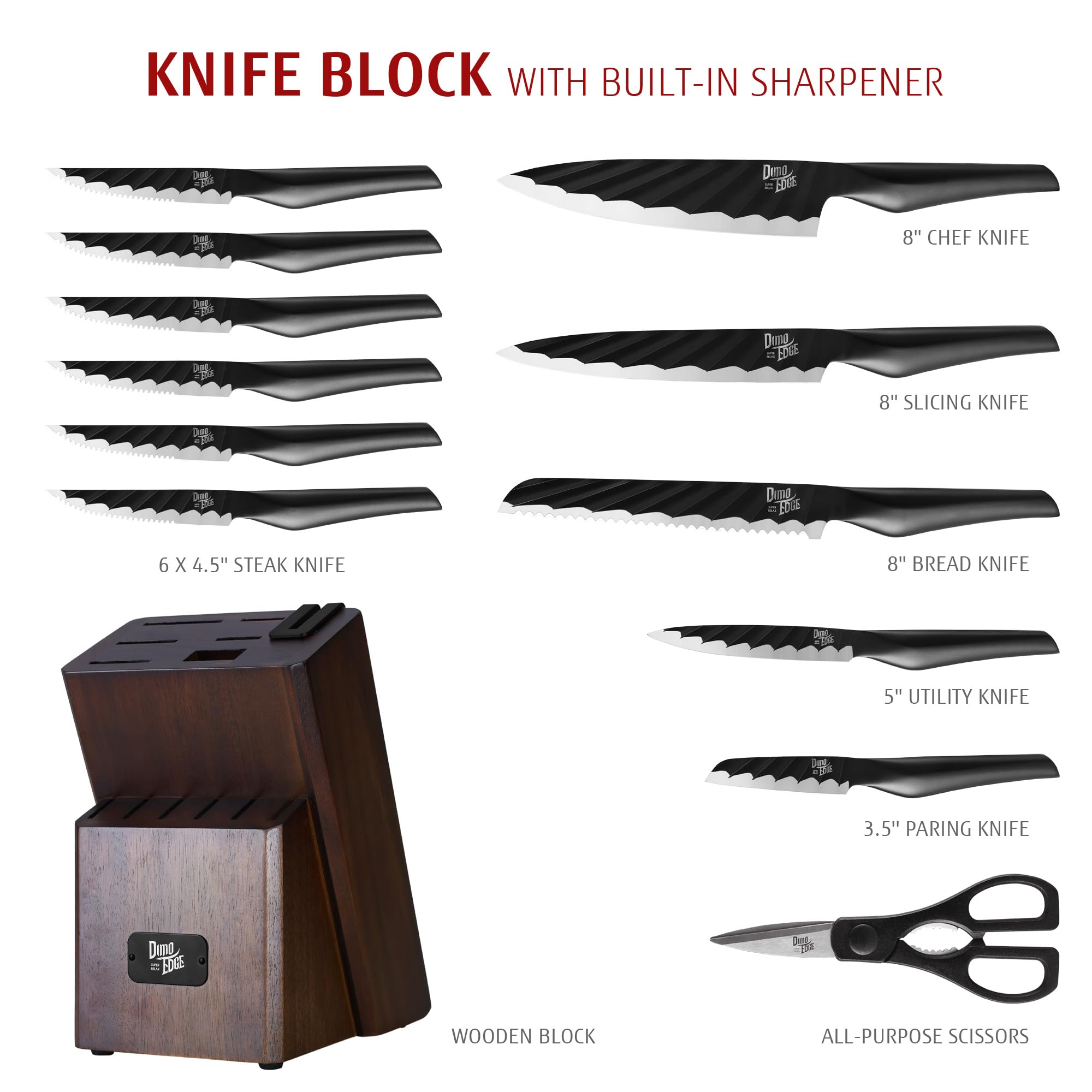 Dimoedge Kitchen Knife Block Set with Built-in Sharpener, Ultra-Sharp 13-Piece Stainless Steel Knives with Ergonomic Hollow Handle