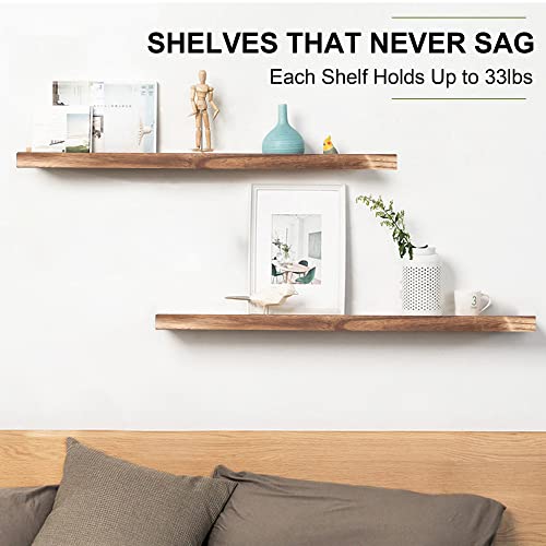 Floating Shelves, 24 Inch Wall Shelf Set of 2, Rustic Wood Shelves for Wall Storage, Wall Mounted Wooden Display Shelf for Bathroom Bedroom Kitchen Garage, Carbonized Black