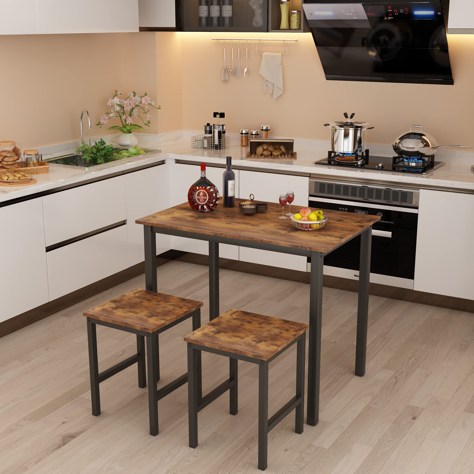 AWQM 3 Piece Dining Set, Small Dining Table and 2 Stools, Kitchen Breakfast Dining Table Set, Breakfast Table of 35.43 x 23.62 x 29.92 inches, Stools of 13.8 x 13.8 x 17.8 inches, Rustic Brown